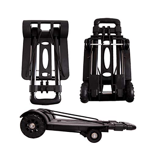 KINJOEK 40kg 88Lbs Folding Hand Truck Dolly, Foldable Luggage Cart for Luggage with 4 Wheels & Bungee Cord, Collapsible, Lightweight Compact Solid Construction Utility Cart for Travel, Black