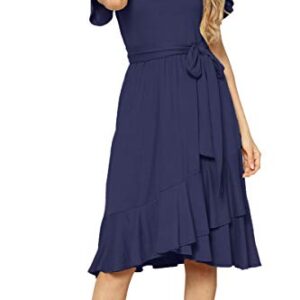 Women's Plain Casual Swing Midi Modest Belt Dress Deep Blue L