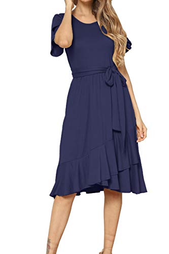 Women's Plain Casual Swing Midi Modest Belt Dress Deep Blue L