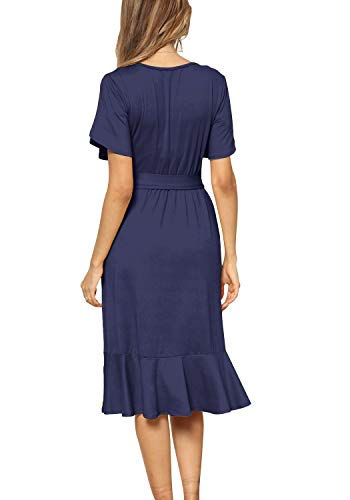 Women's Plain Casual Swing Midi Modest Belt Dress Deep Blue L