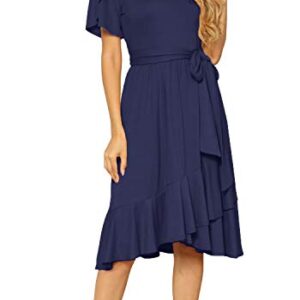 Women's Plain Casual Swing Midi Modest Belt Dress Deep Blue L