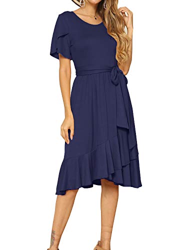 Women's Plain Casual Swing Midi Modest Belt Dress Deep Blue L