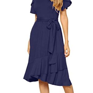 Women's Plain Casual Swing Midi Modest Belt Dress Deep Blue L