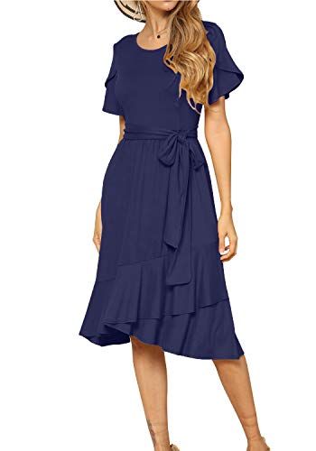 Women's Plain Casual Swing Midi Modest Belt Dress Deep Blue L