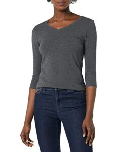 amazon essentials women's classic-fit 3/4 sleeve v-neck t-shirt (available in plus size), charcoal heather, xx-large