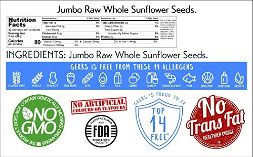 GERBS Jumbo Raw Whole Sunflower Seeds, 32 ounce Bag, Unsalted, Top 14 Food Allergen Free, Non GMO, Vegan, Keto, Paleo Friendly