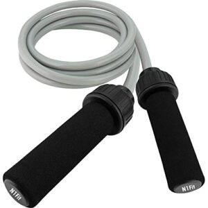 weighted jump rope - (1lb) solid pvc for crossfit and boxing - heavy jump rope with memory non-slip cushioned foam grip handles for fitness workouts endurance and strength training