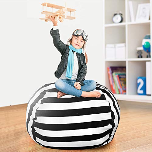 TOUCH-RICH Stuffed Animal Storage Bean Bag Chair 38” Beanbag Cover Only Plush Toys Holder Organizer 100% Cotton Canvas for Kids Child, Black Stripes