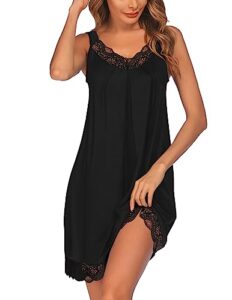 ekouaer sleep gown women chemise v neckline lace-trimmed nightgown scalloped hem cotton nightwear sleeping skirt a-black