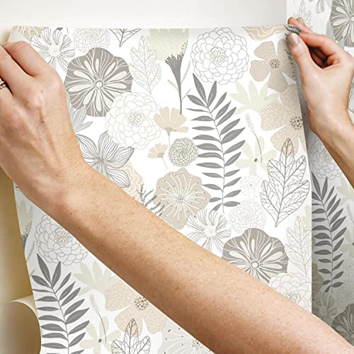 RoomMates RMK11326WP Beige Perennial Blooms Peel and Stick Wallpaper, Roll, Beige