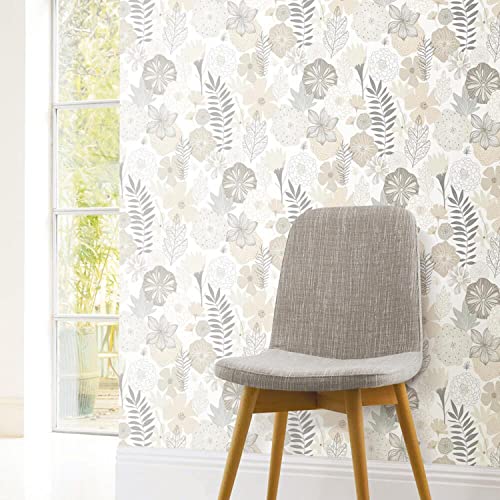 RoomMates RMK11326WP Beige Perennial Blooms Peel and Stick Wallpaper, Roll, Beige