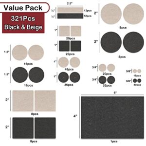 Felt Furniture Pads -321 Pcs Furniture Pads Hardwoods Floors Self Adhesive, Cuttable Felt Chair Pads , Anti Scratch Floor Protectors for Furniture Feet Chair Legs, Furniture Felt Pads , Black & Beige