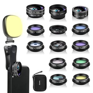 godefa phone camera lens kit, 14 in 1 lenses with selfie light for iphone 14 13 12 11 xs x pro samsung and other andriod smartphone, universal clip on wide angle+macro+ fisheye camera lenses