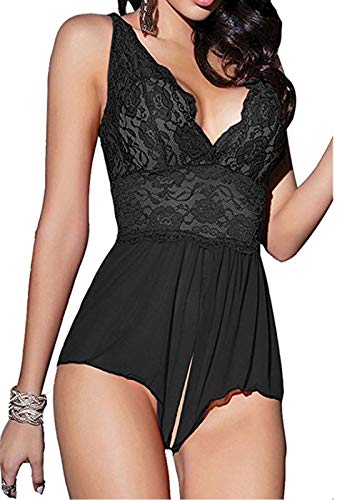 Women Lingerie Sheer Lace Mini Babydoll Teddy Sexy Bodysuit Backless Sleepwear (XXXL, Black)