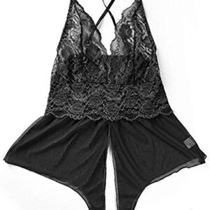 Women Lingerie Sheer Lace Mini Babydoll Teddy Sexy Bodysuit Backless Sleepwear (XXXL, Black)