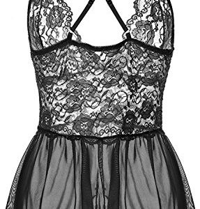 Women Lingerie Sheer Lace Mini Babydoll Teddy Sexy Bodysuit Backless Sleepwear (XXXL, Black)