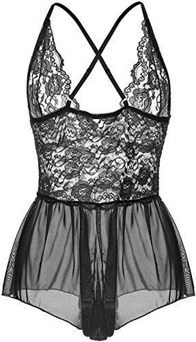 Women Lingerie Sheer Lace Mini Babydoll Teddy Sexy Bodysuit Backless Sleepwear (XXXL, Black)