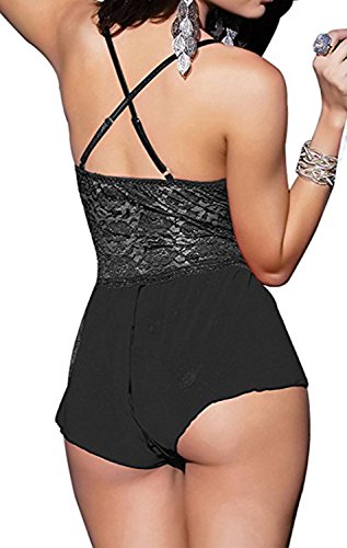 Women Lingerie Sheer Lace Mini Babydoll Teddy Sexy Bodysuit Backless Sleepwear (XXXL, Black)