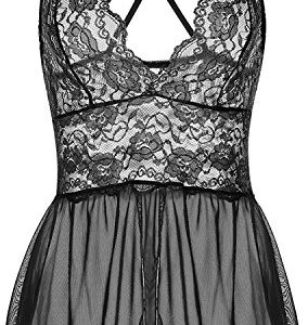 Women Lingerie Sheer Lace Mini Babydoll Teddy Sexy Bodysuit Backless Sleepwear (XXXL, Black)