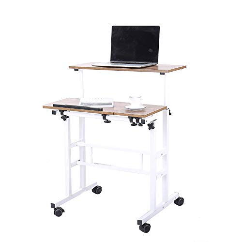 soges Rolling Standing Desk Height Adjustable, 31.5 inch Mobile Stand Up Computer Desk, Sit-Stand Tiltable Top Desk Laptop Stand for Small Spaces, Tall Table for Standing or Sitting, Oak Color