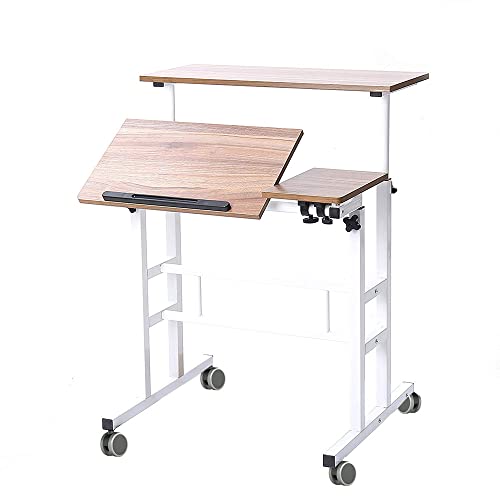 soges Rolling Standing Desk Height Adjustable, 31.5 inch Mobile Stand Up Computer Desk, Sit-Stand Tiltable Top Desk Laptop Stand for Small Spaces, Tall Table for Standing or Sitting, Oak Color