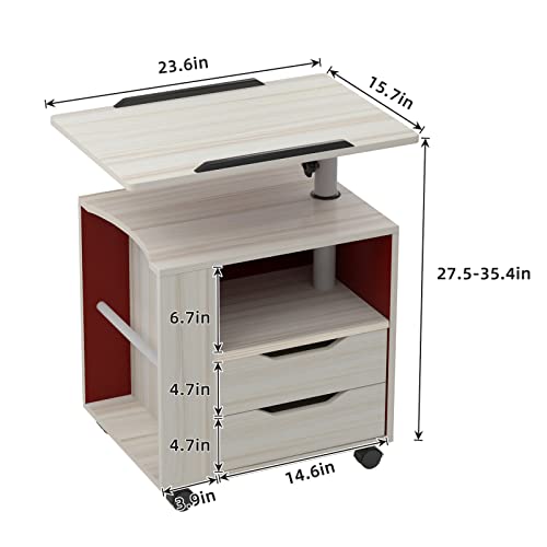 SogesHome Height Adjustable Nightstand with Lockable Wheels, Over-Bed Movable Bedside Table with 2-Drawers, Bedroom Side Storage Cabinet with 1-Open Cube, Maple