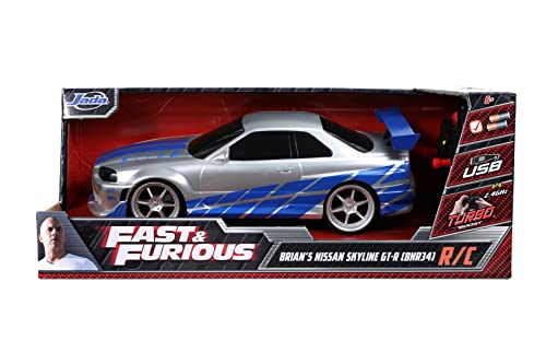 Jada Toys Fast & Furious Brian's Nissan Skyline GT-R (Bnr34)- Ready to Run R/C Radio Control Toy Vehicle, 1: 16 Scale, Silver and Blue, (99370)