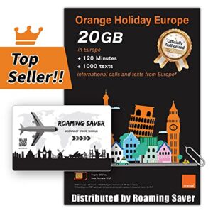 orange holiday europe prepaid sim card combo deal 30gb internet data in 4g/lte (data tethering allowed) + 120min international calls + 1000 texts / 14 days from europe to any country world