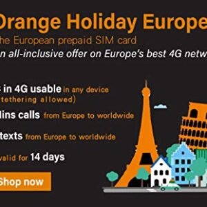 Orange Holiday Europe Prepaid SIM Card Combo Deal 30GB Internet Data in 4G/LTE (Data tethering Allowed) + 120min International Calls + 1000 Texts / 14 Days from Europe to Any Country World