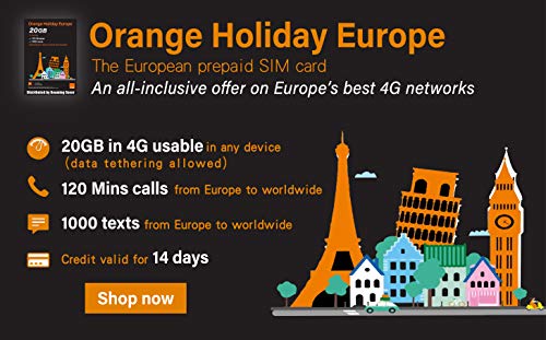 Orange Holiday Europe Prepaid SIM Card Combo Deal 30GB Internet Data in 4G/LTE (Data tethering Allowed) + 120min International Calls + 1000 Texts / 14 Days from Europe to Any Country World