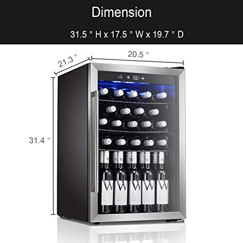 Antarctic Star Wine Cooler Refrigerator Fridge 37 Bottles Single Zone Wine Cellar Freestanding Wine Chiller with Stainless Steel & Double-Layer Glass Door/Digital Memory Temperature Control Silver