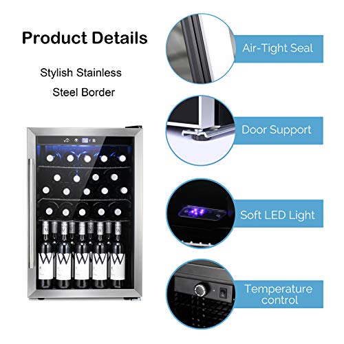 Antarctic Star Wine Cooler Refrigerator Fridge 37 Bottles Single Zone Wine Cellar Freestanding Wine Chiller with Stainless Steel & Double-Layer Glass Door/Digital Memory Temperature Control Silver