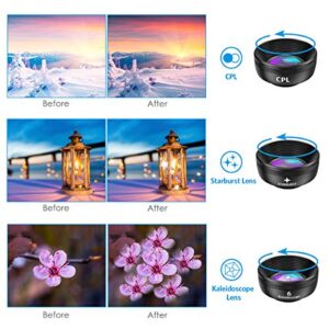 Criacr Phone Camera Lens, 210 °Fisheye Lens + 120 °Wide Angle + 25X Macro + 2X Telephoto + Star Lens + CPL + 6 Kaleidoscope 7 in 1 Phone Lens Kit Compatible with iPhone/Samsung/Google Pixel etc