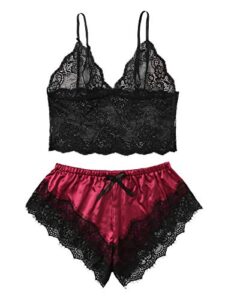 wdirara women's 2pcs floral lace cami top with shorts sleepwear pajama set red l