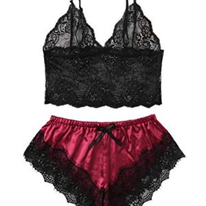 WDIRARA Women's 2Pcs Floral Lace Cami Top with Shorts Sleepwear Pajama Set Red L