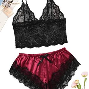 WDIRARA Women's 2Pcs Floral Lace Cami Top with Shorts Sleepwear Pajama Set Red L