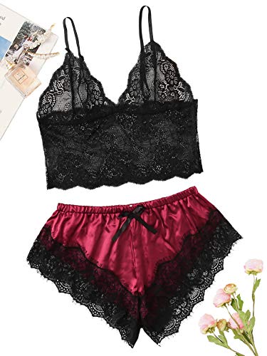 WDIRARA Women's 2Pcs Floral Lace Cami Top with Shorts Sleepwear Pajama Set Red L