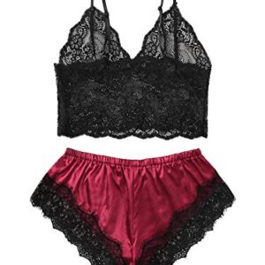 WDIRARA Women's 2Pcs Floral Lace Cami Top with Shorts Sleepwear Pajama Set Red L