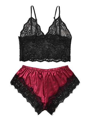 WDIRARA Women's 2Pcs Floral Lace Cami Top with Shorts Sleepwear Pajama Set Red L