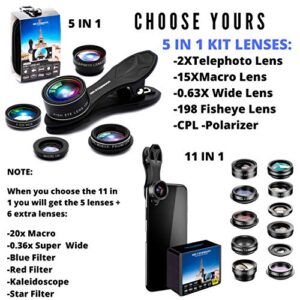 SHUTTERMOON iPhone Camera Lens Kit iPhone Smartphones/Pixel/Samsung/Android Phones Camera. 2xTele Lens ZoomLens+Fisheye Lens+0.36XSuper Wide Angle Lens & 20X Macro Lens CPL.Blue &Red Filter Filter