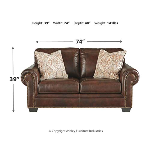 Signature Design by Ashley Roleson Traditional Leather Loveseat with Nailhead Trim and 2 Accent Pillows, Brown