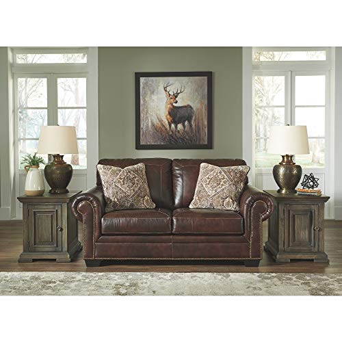 Signature Design by Ashley Roleson Traditional Leather Loveseat with Nailhead Trim and 2 Accent Pillows, Brown