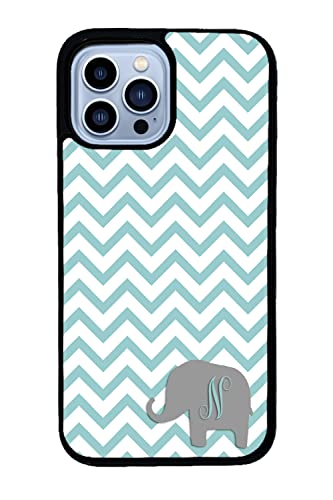 Teal and White Elephant Personalized Initial Apple iPhone Black Rubber Phone Case Compatible with iPhone 14 Pro Max, Pro, Max, iPhone 13 Pro Max Mini, 12 Pro Max Mini, 11 Pro Max X XS Max XR 8 7 Plus