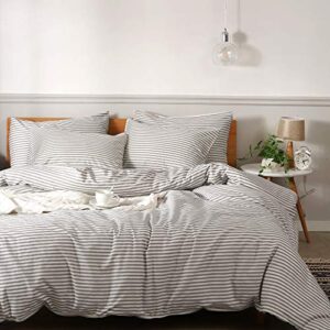 jellymoni 100% natural cotton 3pcs striped duvet cover sets,white duvet cover with grey stripes pattern printed comforter cover,with zipper closure & corner ties(queen size)