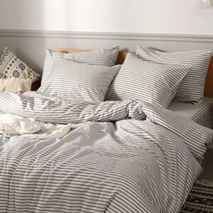 JELLYMONI 100% Natural Cotton 3pcs Striped Duvet Cover Sets,White Duvet Cover with Grey Stripes Pattern Printed Comforter Cover,with Zipper Closure & Corner Ties(Queen Size)