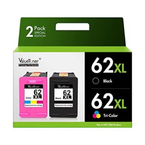 valuetoner remanufactured ink cartridge replacement for hp 62xl 62 xl to use with envy 5540 5640 5660 7644 7645 officejet 5740 8040 officejet 200 250 series printer (1 black, 1 tri-color, 2-pack)