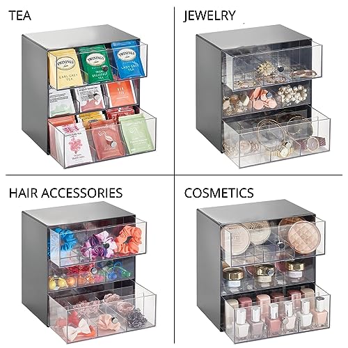 mDesign Plastic Tea Bag Caddy Box Storage Container Organizer Holder with 3 Drawers - for Kitchen Pantry, Cabinet, Countertop - Holds Coffee, Sugar Packets - Lumiere Collection - Charcoal Gray/Clear