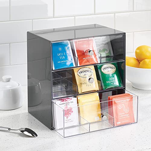 mDesign Plastic Tea Bag Caddy Box Storage Container Organizer Holder with 3 Drawers - for Kitchen Pantry, Cabinet, Countertop - Holds Coffee, Sugar Packets - Lumiere Collection - Charcoal Gray/Clear