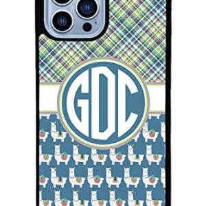 Green Blue White Plaid Llama Personalized Monogram Black Rubber Phone Case Compatible with Apple iPhone 14 Pro Max, Pro, Max, iPhone 13 Pro Max Mini, 12 Pro Max Mini, 11 Pro Max X XS Max XR 8 7 Plus