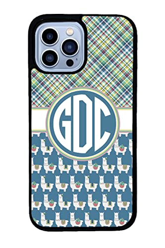 Green Blue White Plaid Llama Personalized Monogram Black Rubber Phone Case Compatible with Apple iPhone 14 Pro Max, Pro, Max, iPhone 13 Pro Max Mini, 12 Pro Max Mini, 11 Pro Max X XS Max XR 8 7 Plus